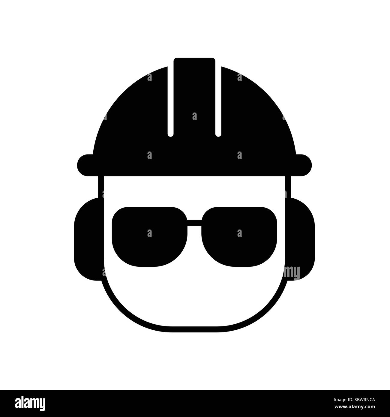 A black and white flat icon representing a construction worker wearing ...