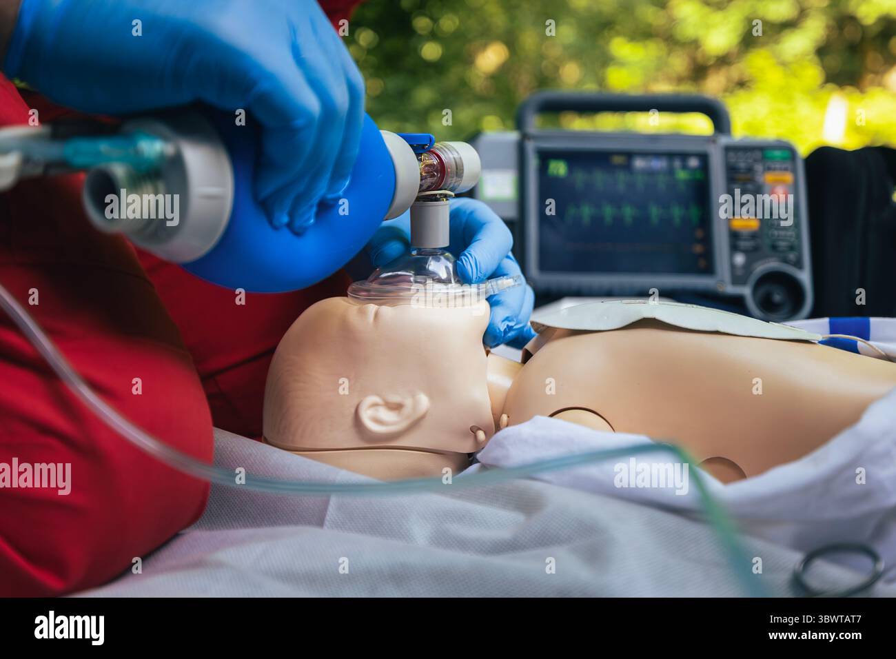 Hands of paramedic of emergency medical service during training ...