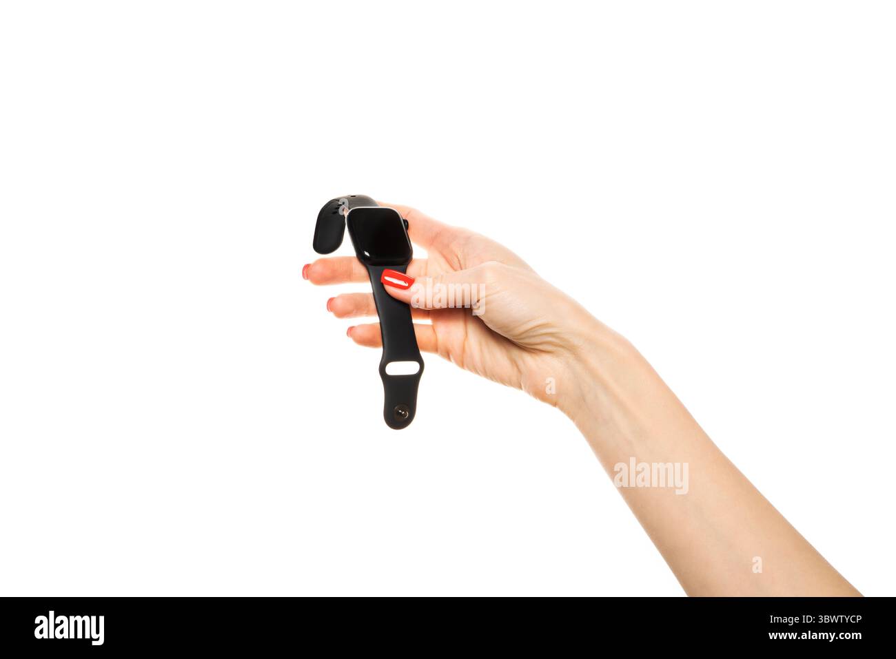 Female hands with white smartwatch isolated on white background Stock ...