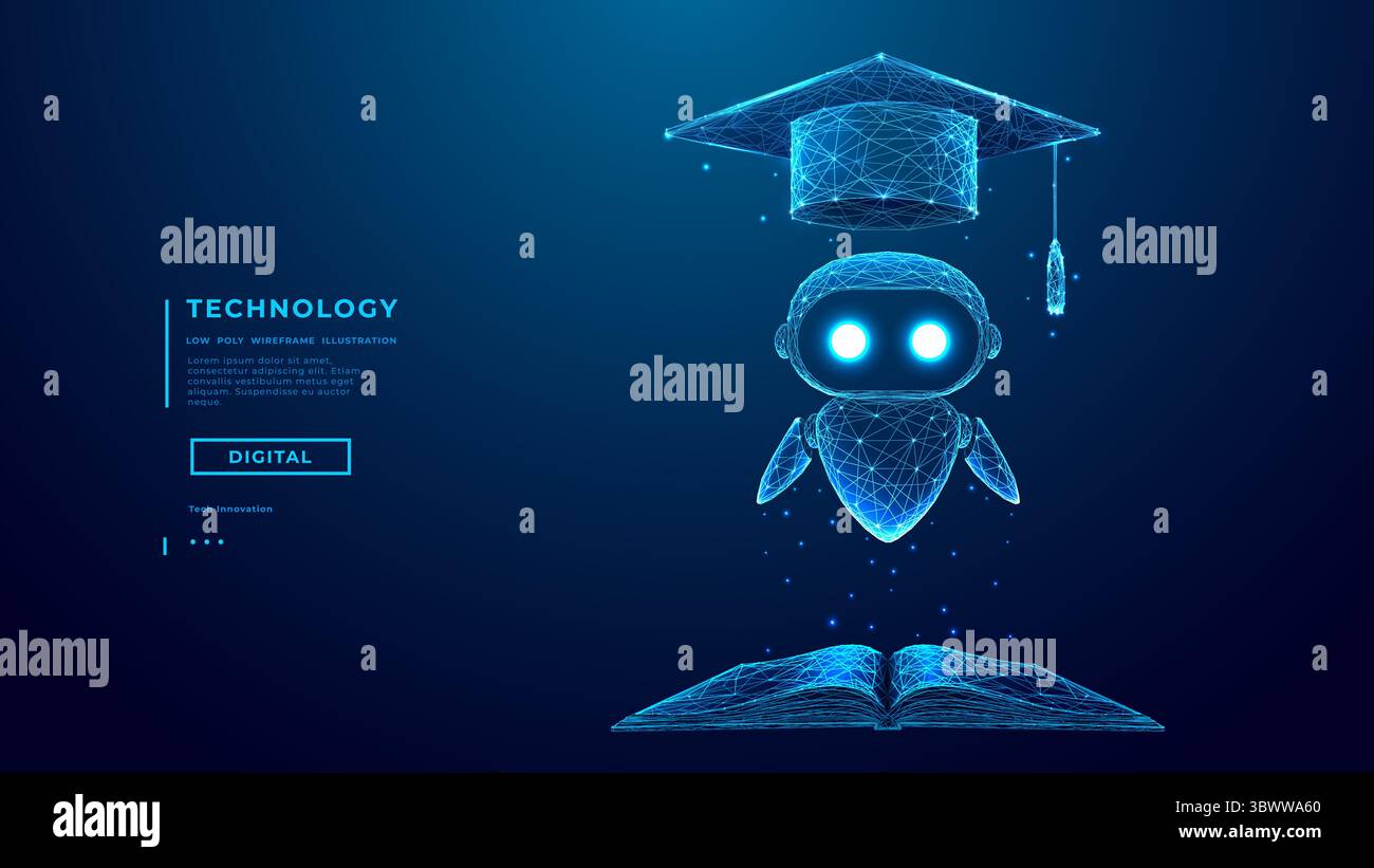 Abstract Hologram of AI Robot in Graduation Cap Fly Over Book Stock ...