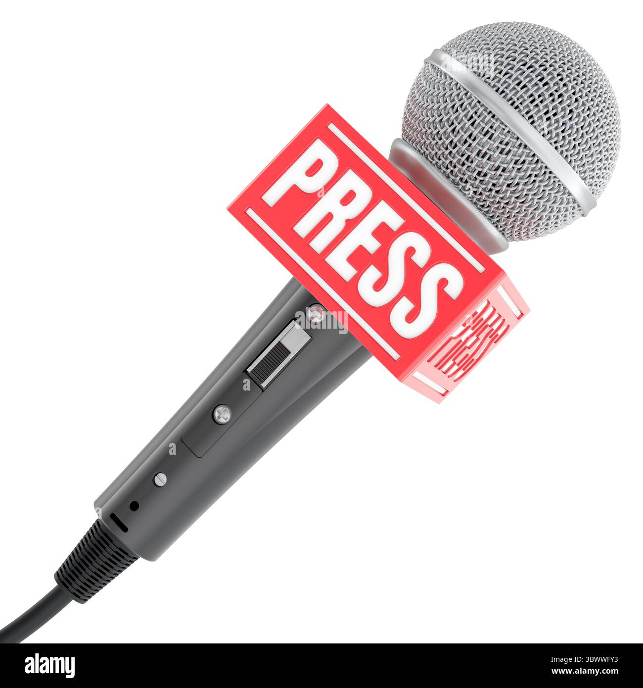 Reporter microphone with press sign. 3D rendering isolated on white ...
