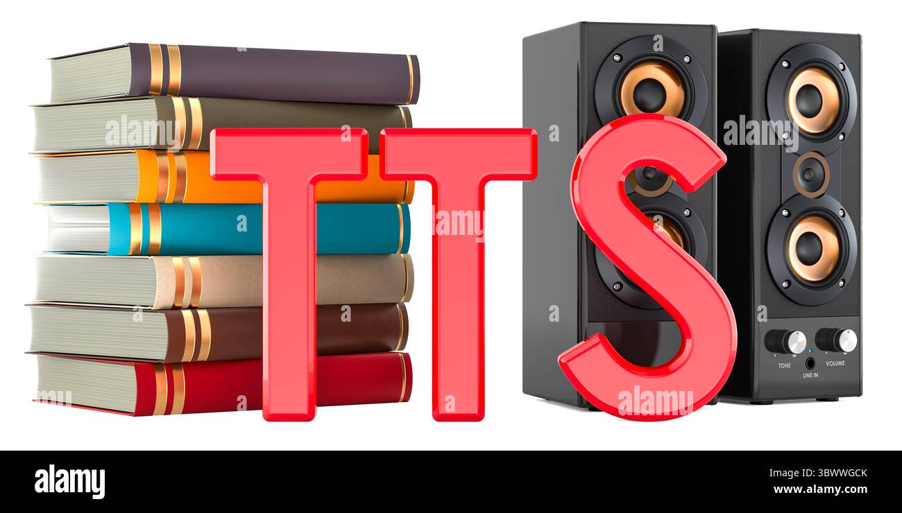 TTS text to speech concept with books and speakers. 3D rendering ...
