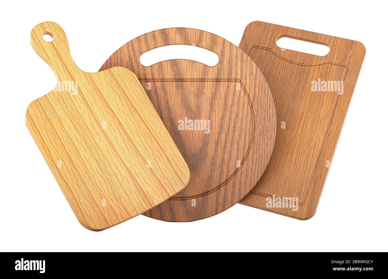 Wooden cutting boards in different shapes and wood tones. 3D rendering ...