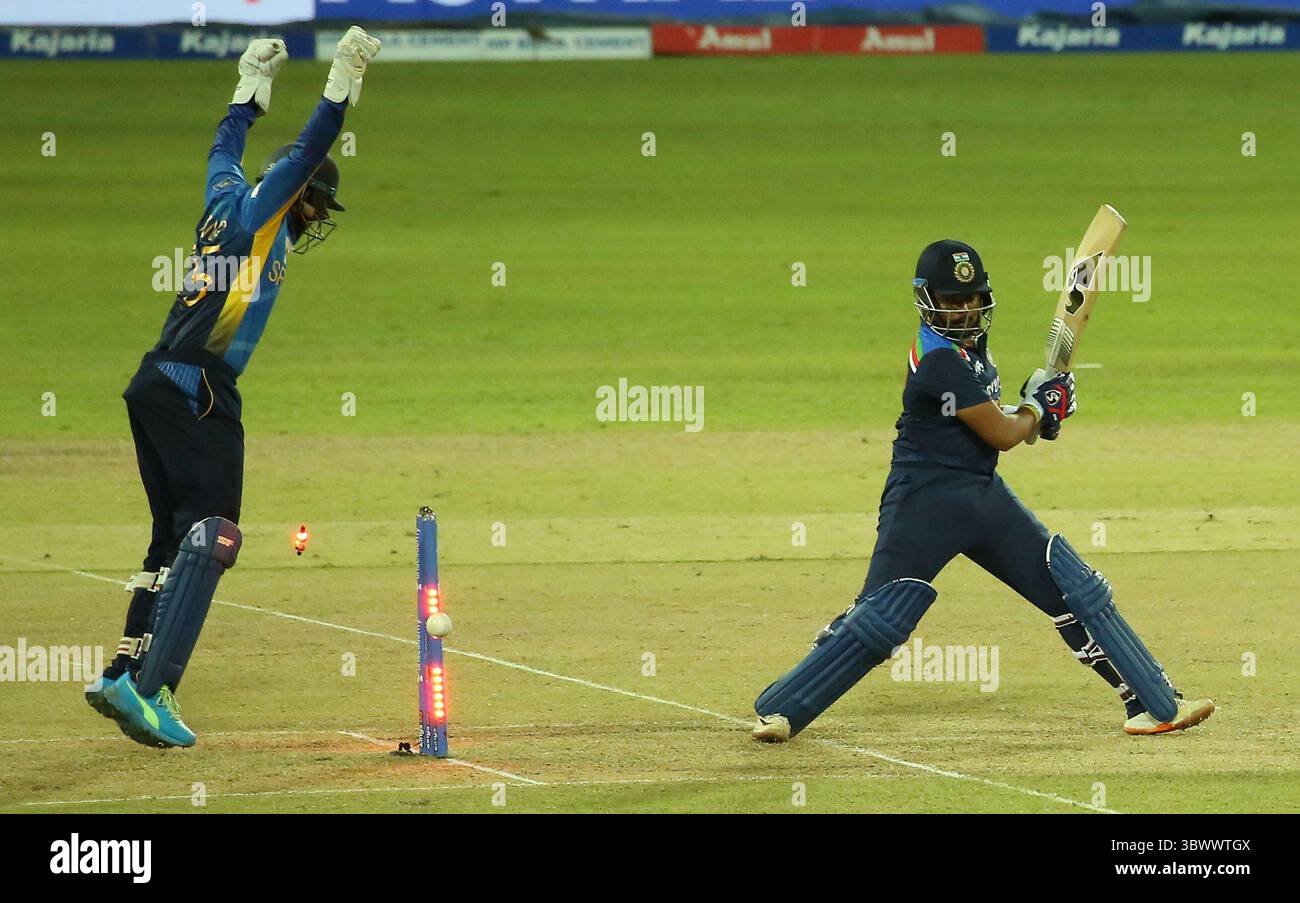 July 20, 2021, Colombo, Sri Lanka: India's Prithvi Shaw is bowled out ...