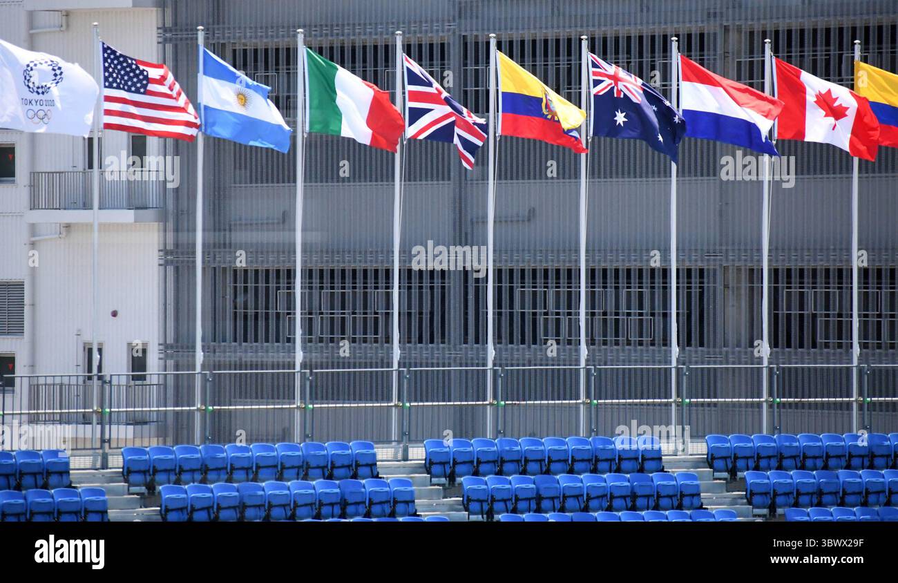 July 22, 2021, Tokyo, Japan: Flags wave at Ariake Urban Sports Park ...