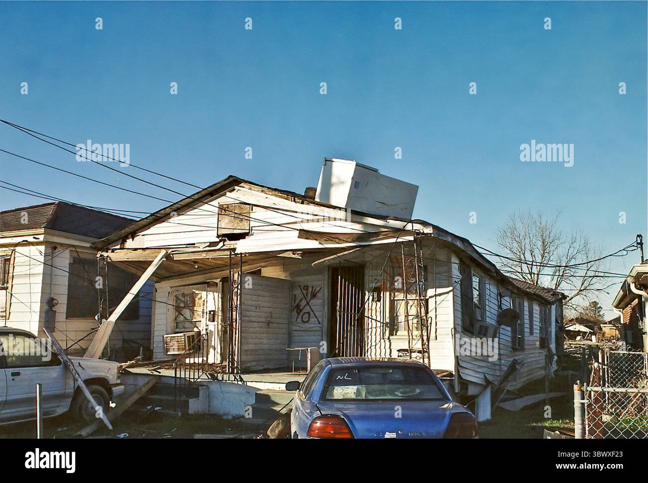 New Orleans, LA, USA - 2006: Destroyed home with refrigerator on the ...