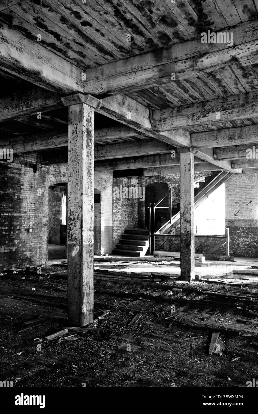 black and white abandoned warehouse with historical ruin and artistic ...