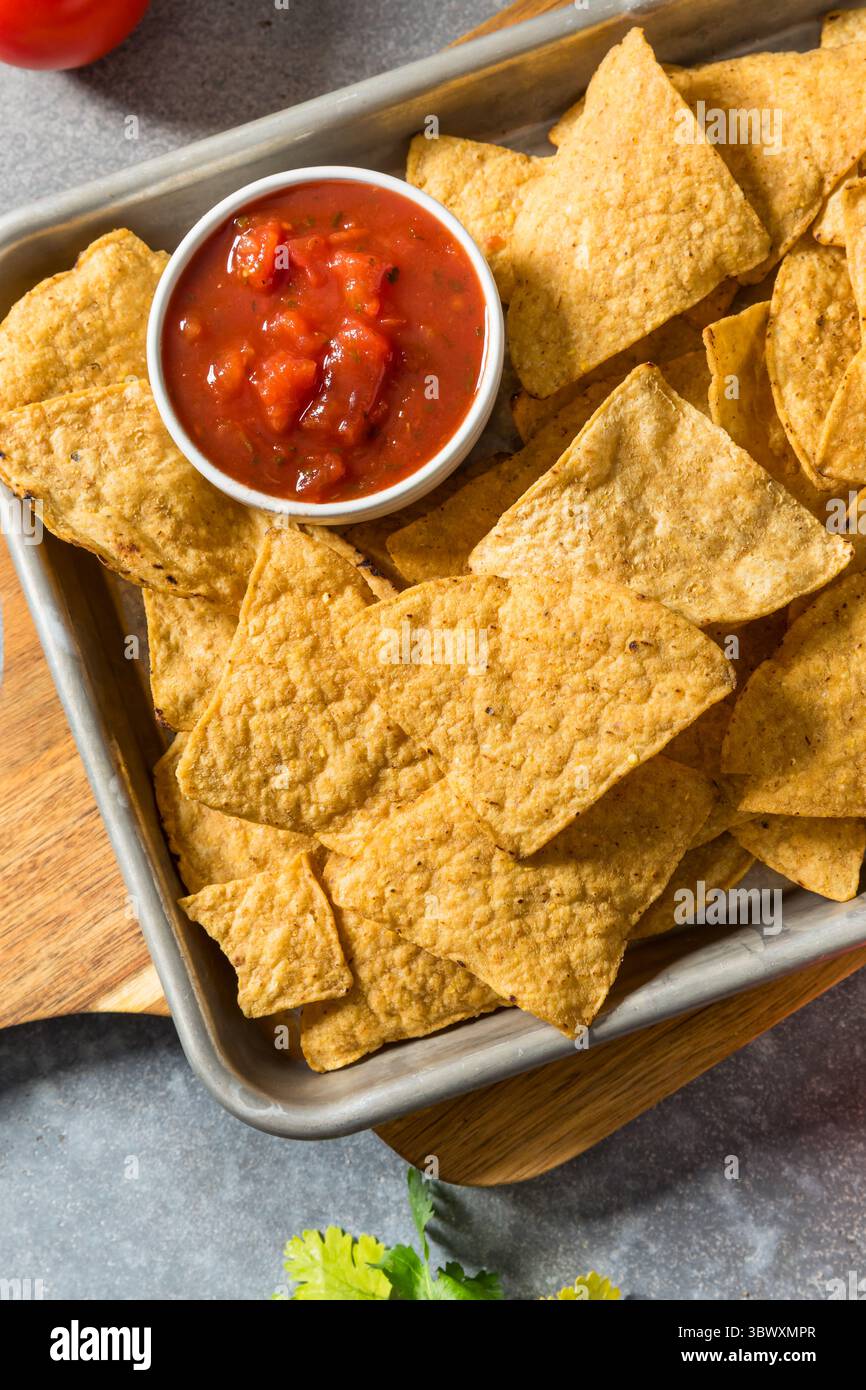 Salty Homemade Corn Tortilla Chips with Two Kinds of Salsa Stock Photo ...
