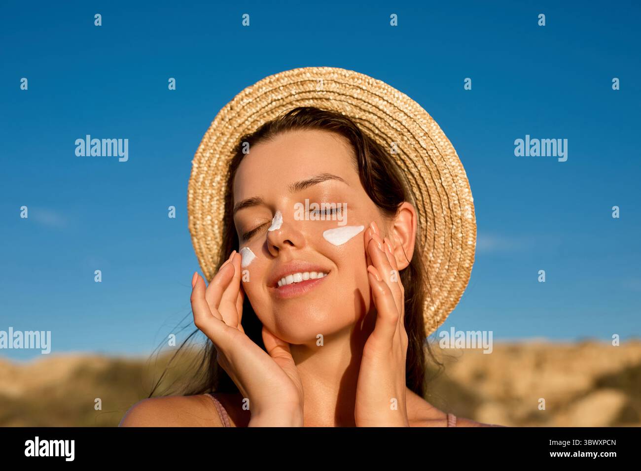 Beauty woman with suntan spf and skincare cosmetics model face portrait ...