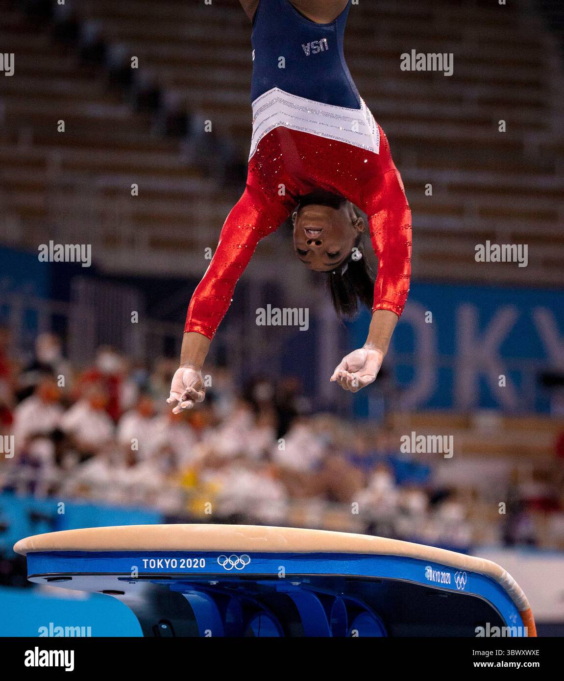 July 27, 2021, Tokyo, Kanto, Japan: USA's SIMONE BILES takes a huge step forward as she landed ...
