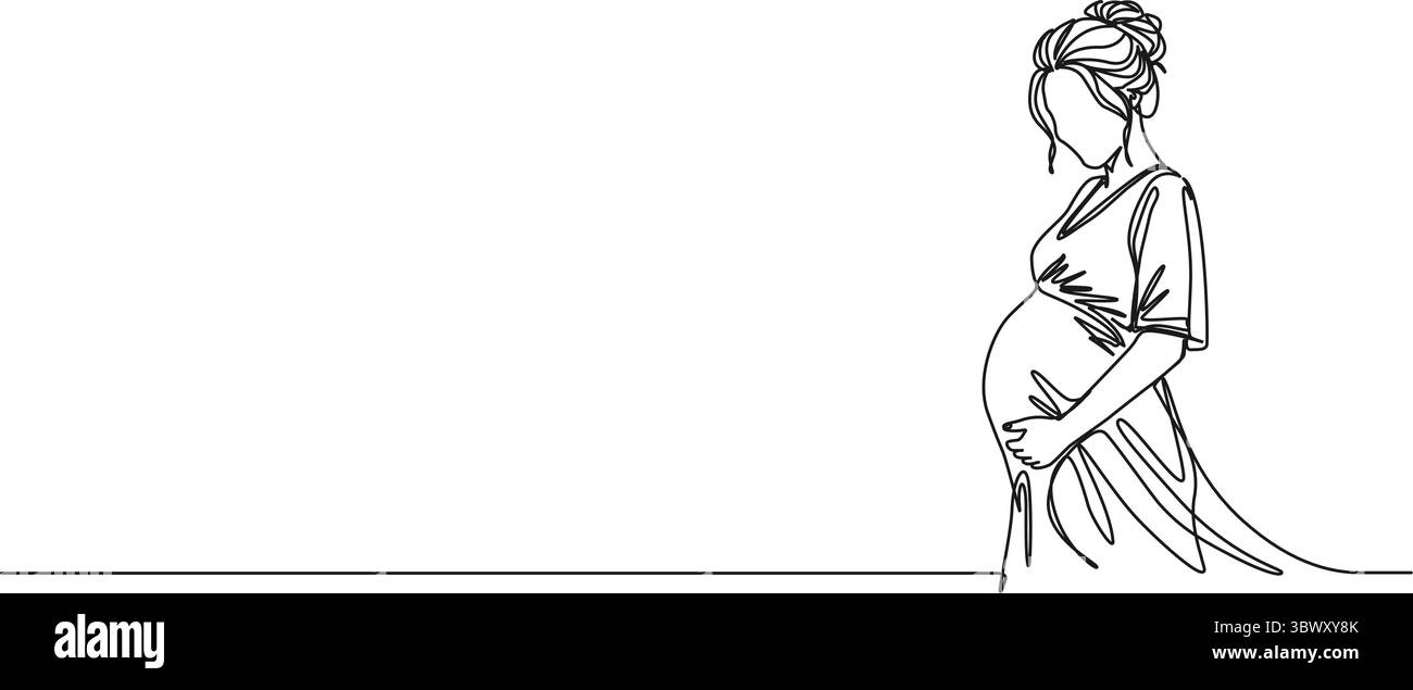 continuous single line drawing of happy pregnant woman holding her ...