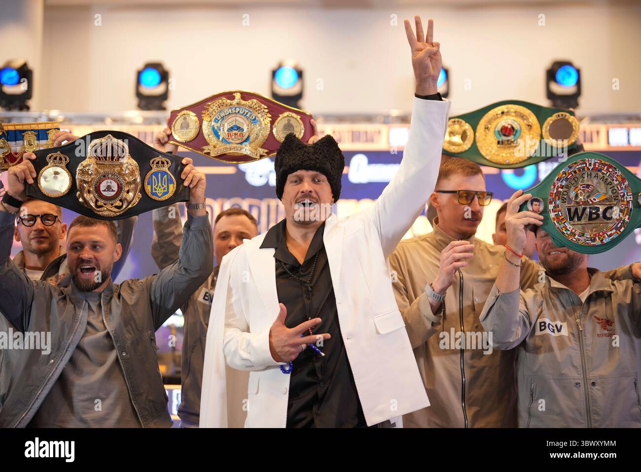 Ukraine's boxer Oleksandr Usyk attends a press conference in Wembley ...