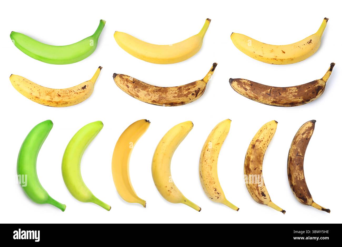 Banana fruits of different ripening stages on white background, collage ...