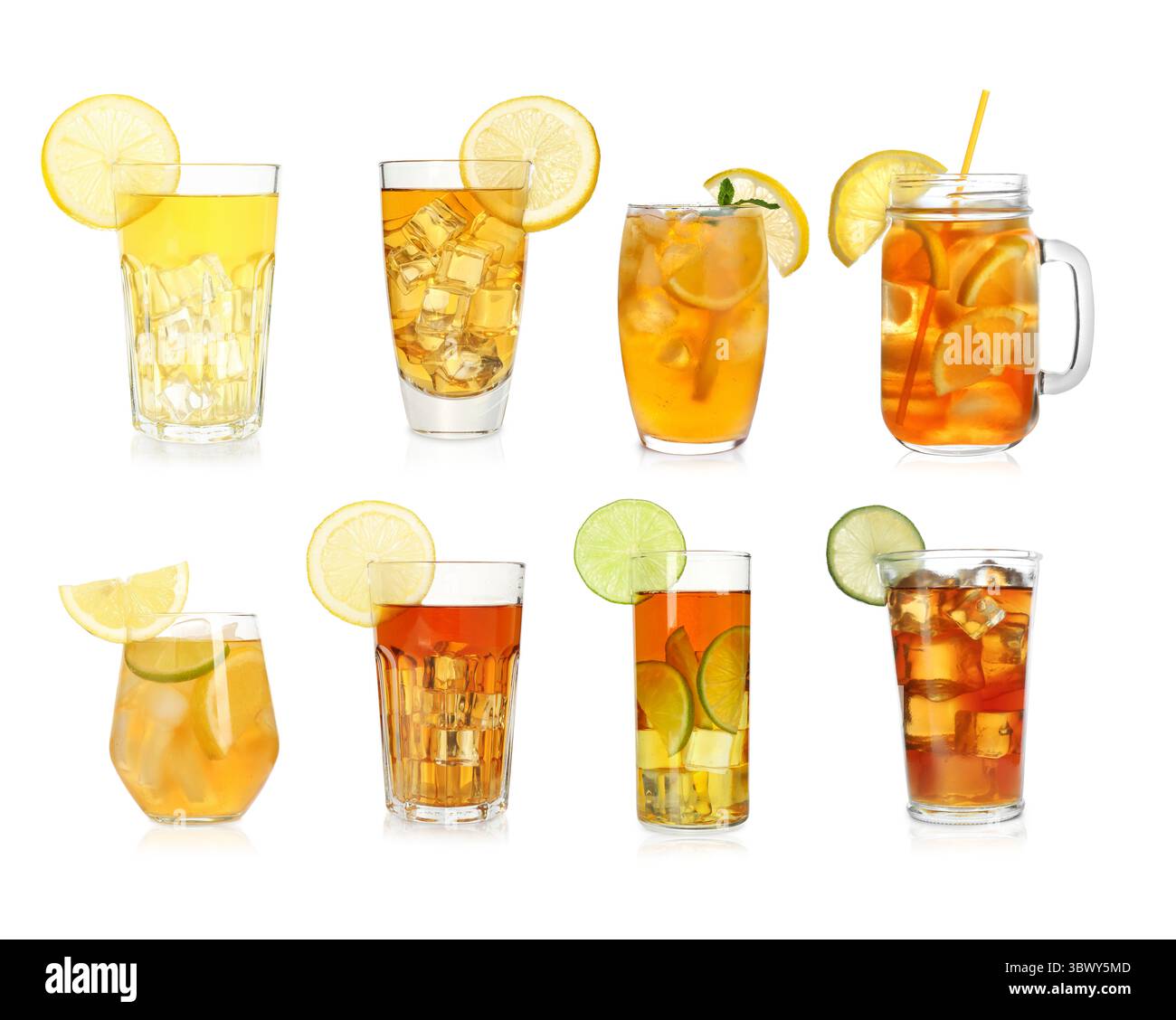 Iced tea. Different types of drinks in glasses isolated on white, set ...