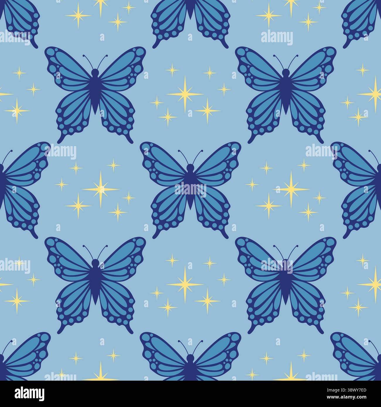 Seamless pattern with blue butterfly and tiny star in polka dot order ...