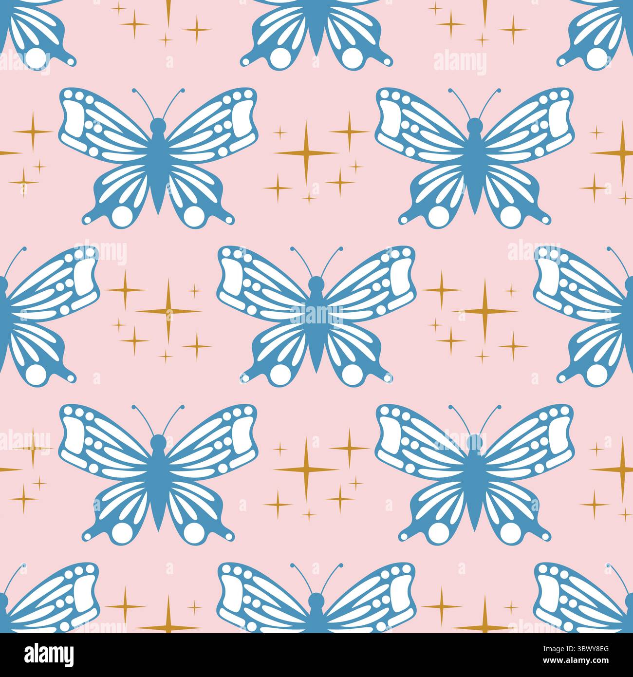 Cute blue butterfly and small star arranged in polka dot layout ...