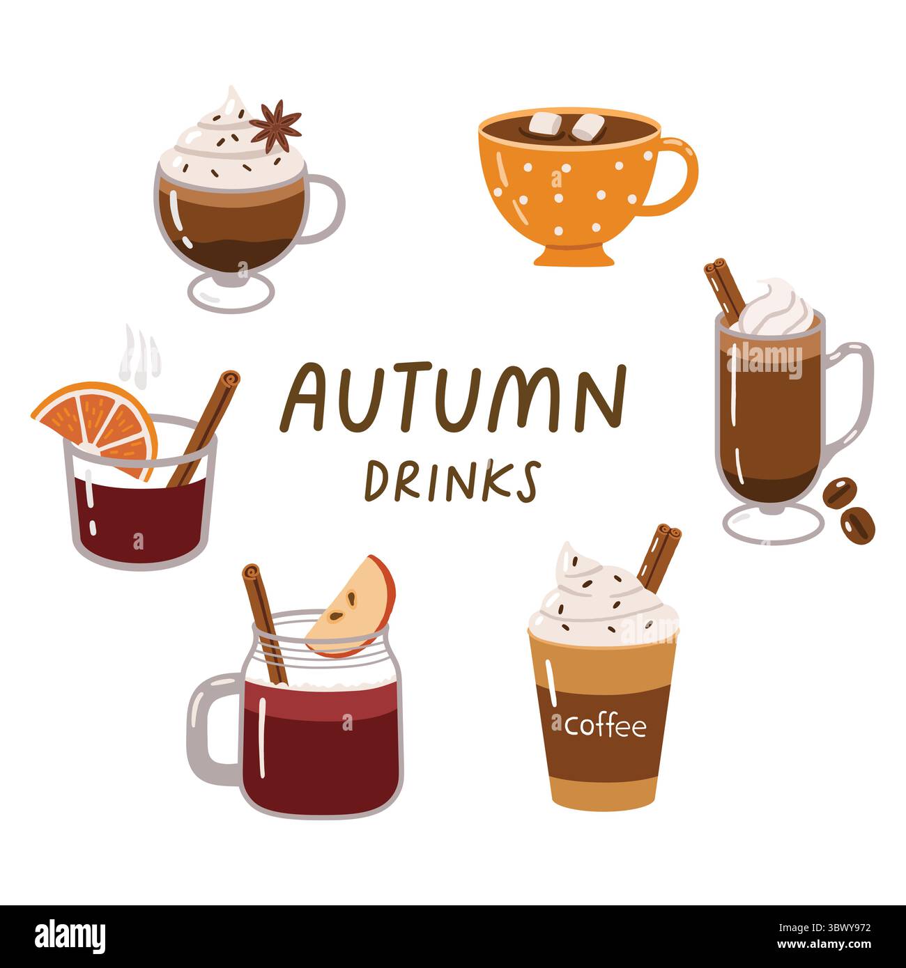 Autumn drinks and desserts, doodle collection, autumn cozy set, design ...