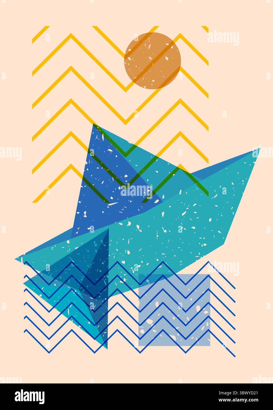 Risograph paper ship with geometric shapes. Objects in trendy riso ...