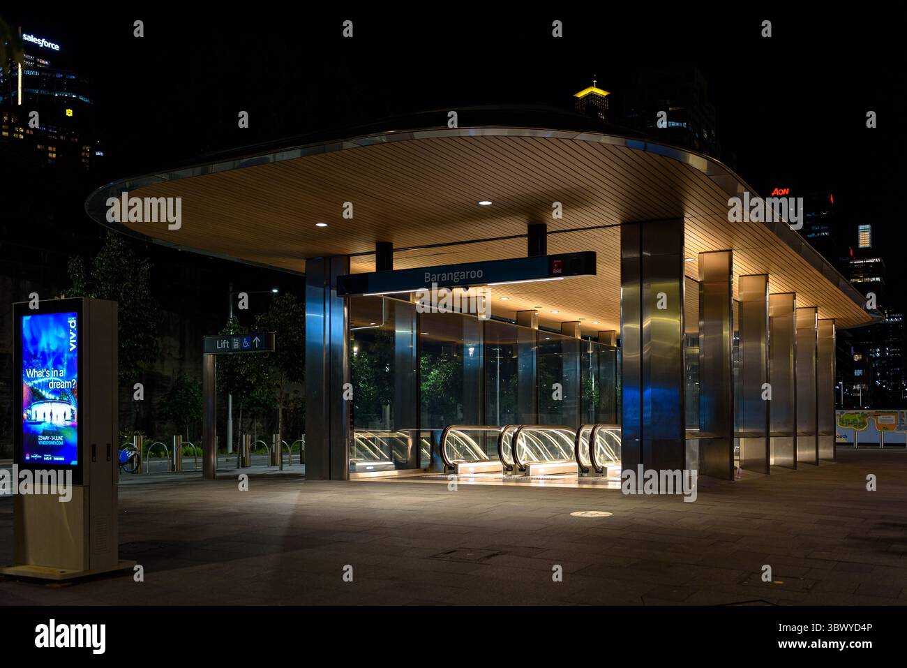 The entrance to the Barangaroo metro station at night in Sydney Stock ...