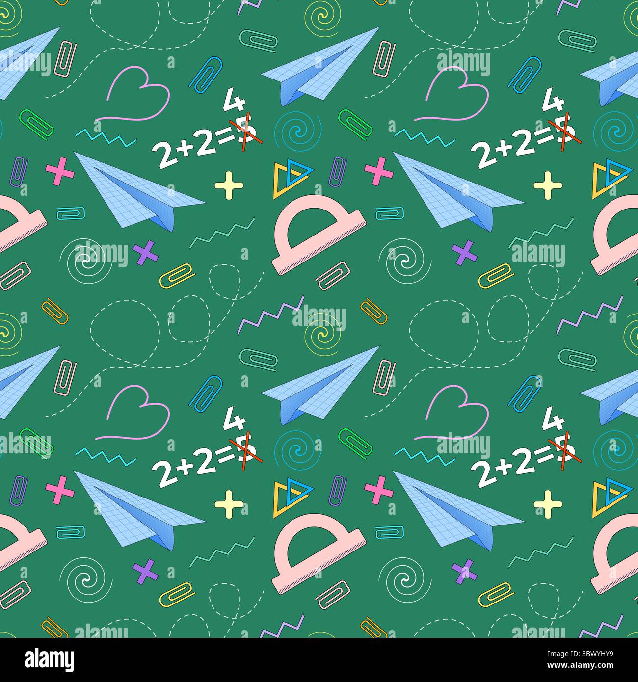 Doodles seamless pattern with paper planes, math correction, protractors and scribbles on green ...
