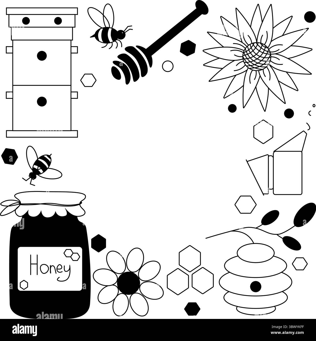Round frame with bees and honey items circle template. Vector graphic ...
