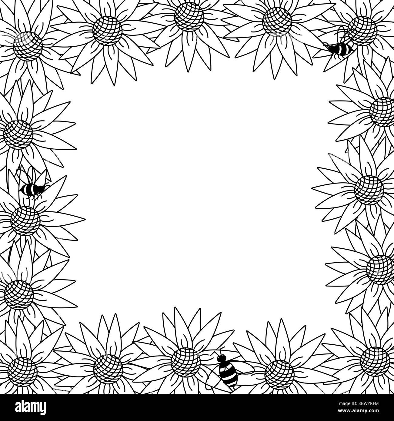 Sunflower and cute bee Frame square template. Vector graphic line ...