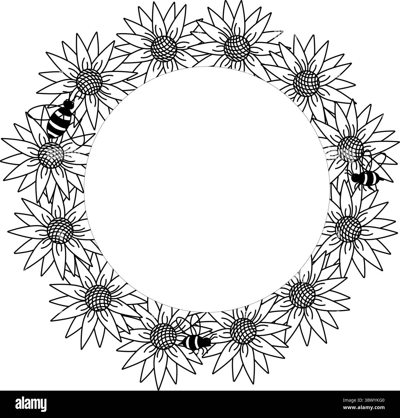 Sunflower and bee Frame circle round template. Vector graphic line ...