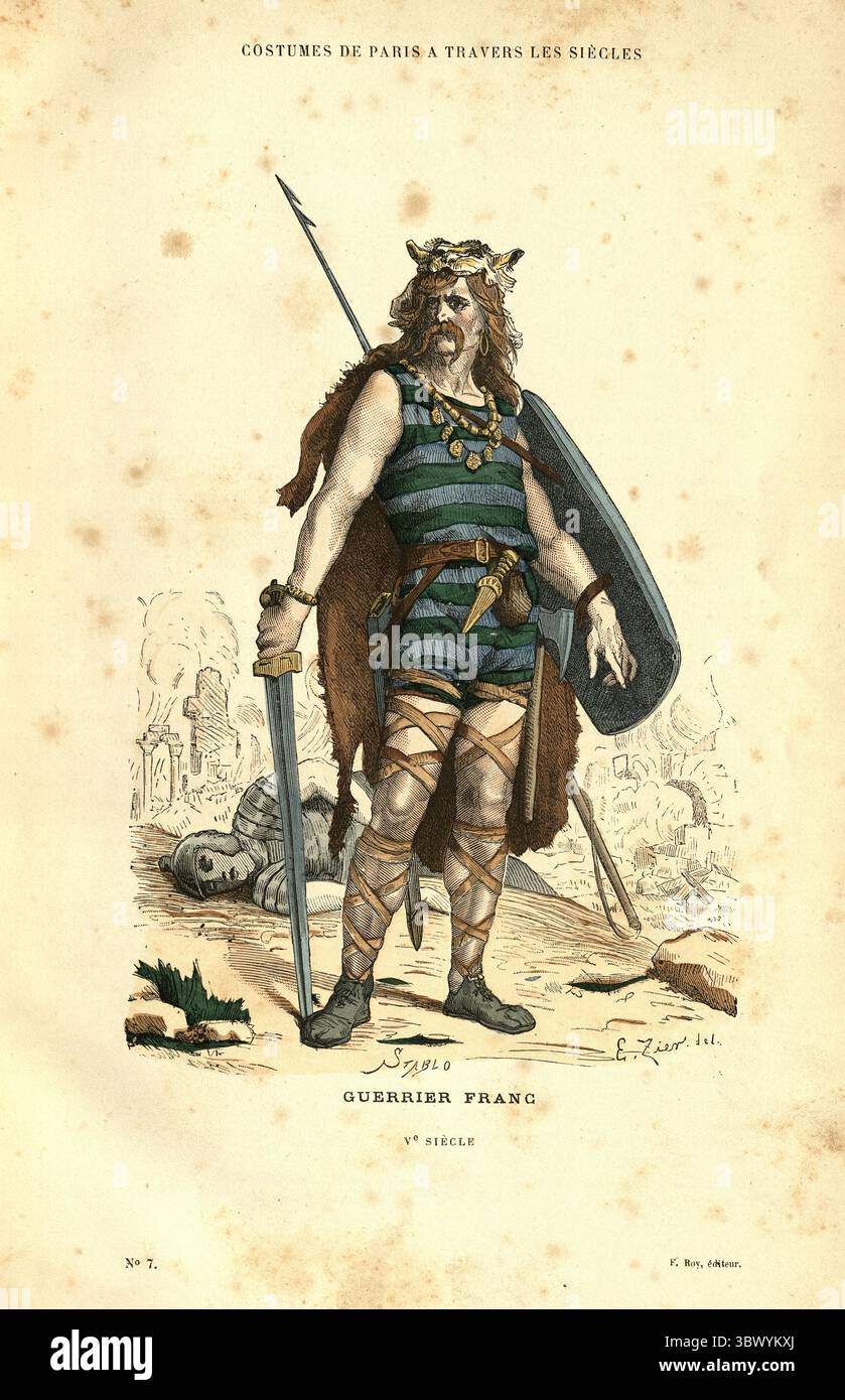 Frankish warrior, armed with sword, shield, spearm wearing animal skin ...