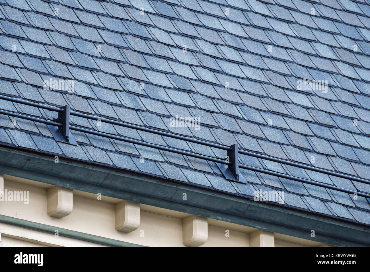 Detailed view of a sloped asphalt shingle roof with an installed snow ...