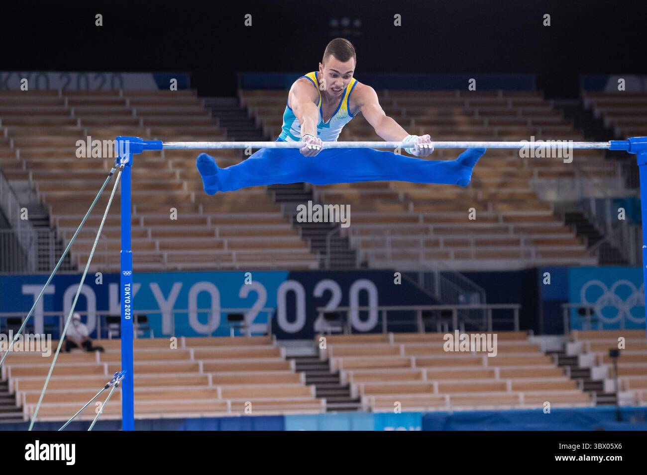 August 03, 2021: Milad Karimi (152) of Kazakhstan on horizontal bar ...