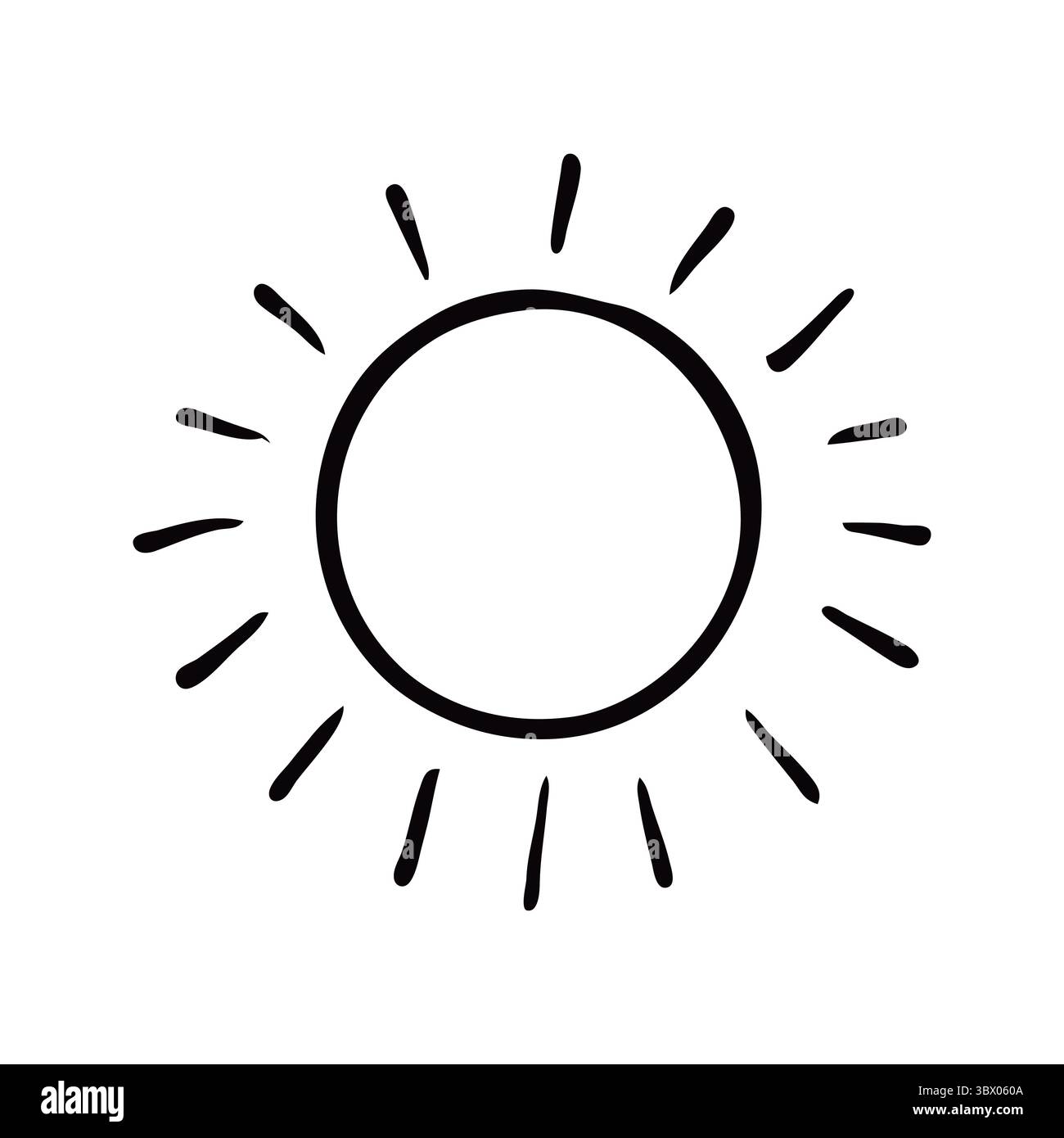 A simple doodle hand-drawn depiction of a sun with rays, expressing ...