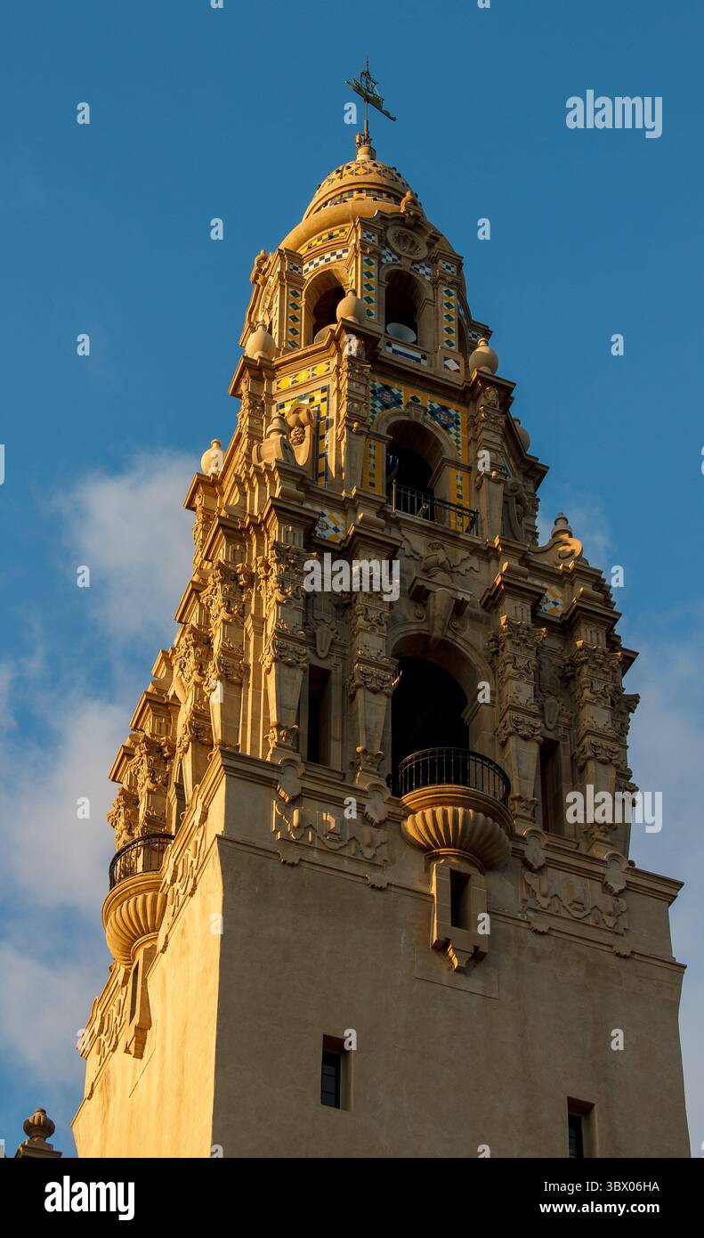Detail of the Ornate baroque California tower at Balboa park, San Diego ...