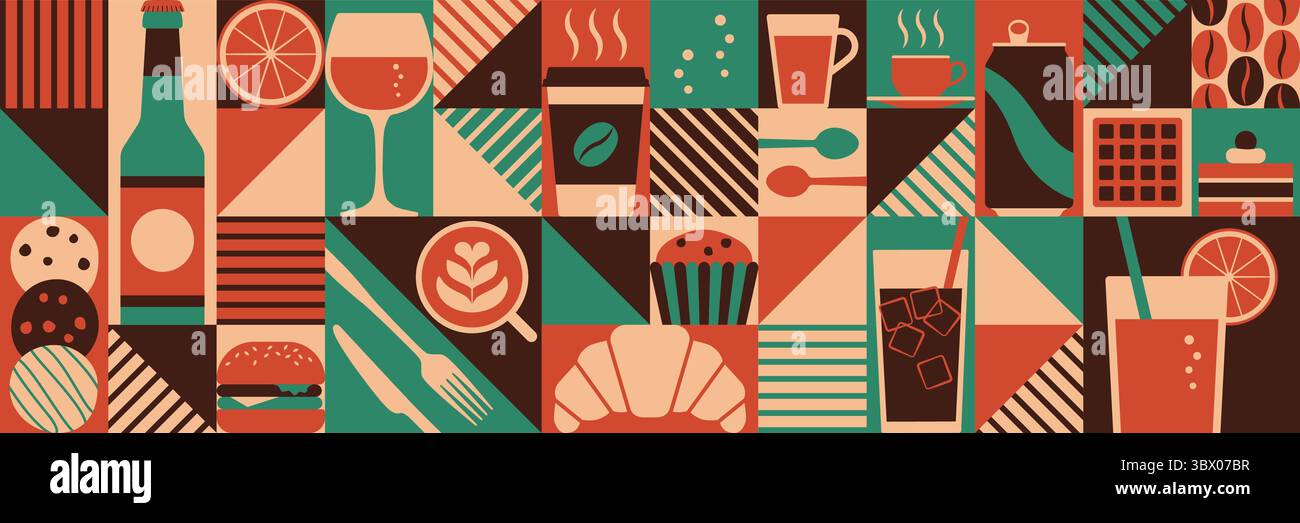 Food and drinks at the cafe conceptual geometric background banner with ...