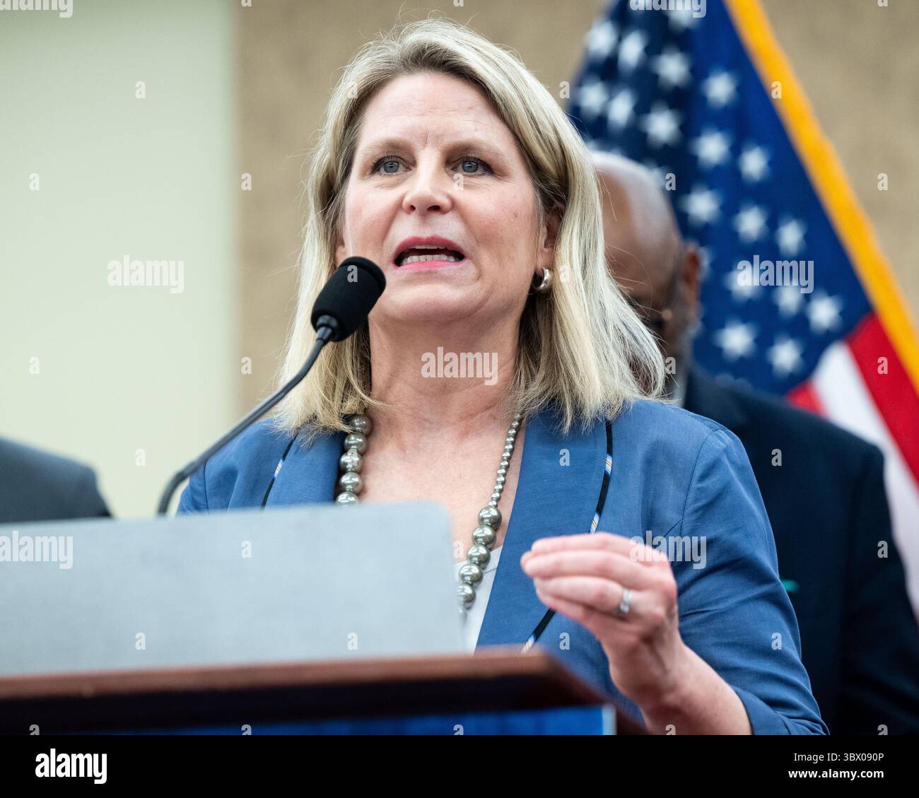 Liz Shuler, President of the AFL–CIO, speaking about protecting Federal ...