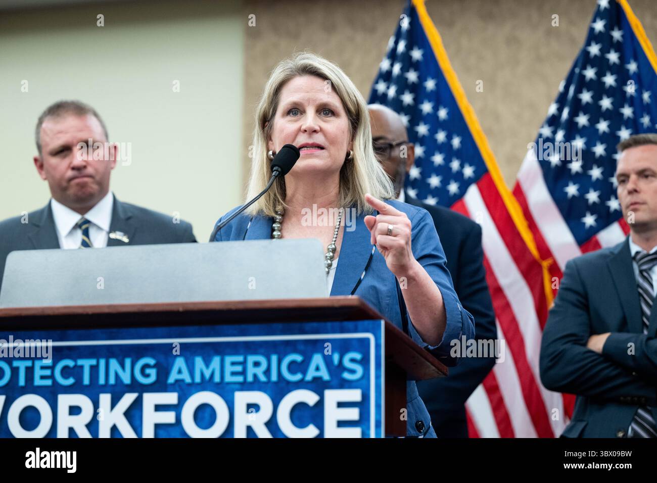 Liz Shuler, President of the AFL–CIO, speaking about protecting Federal ...