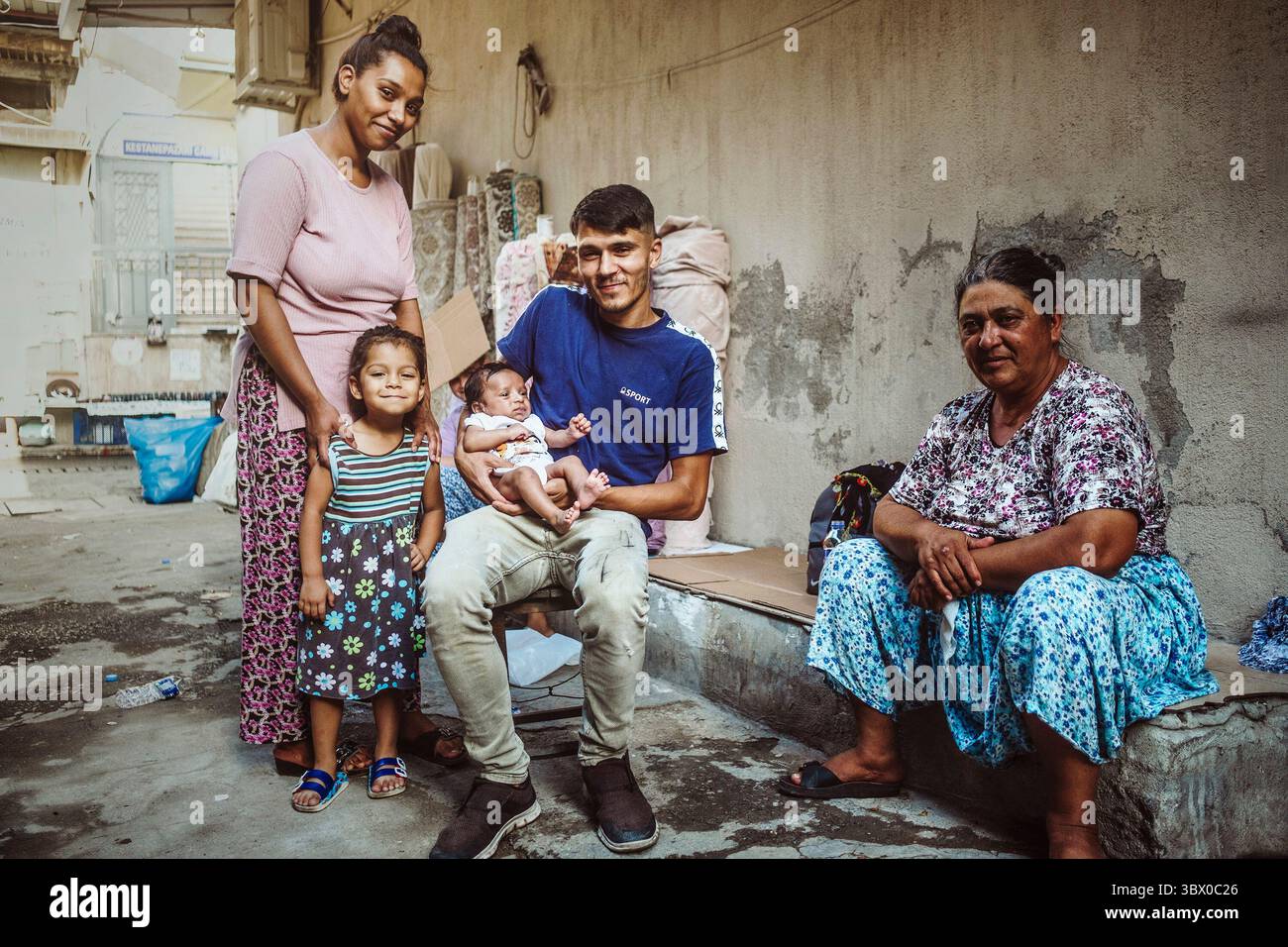 July 31, 2021, Izmir, Izmir, Turkey: A cheerful Gypsy family posing to ...