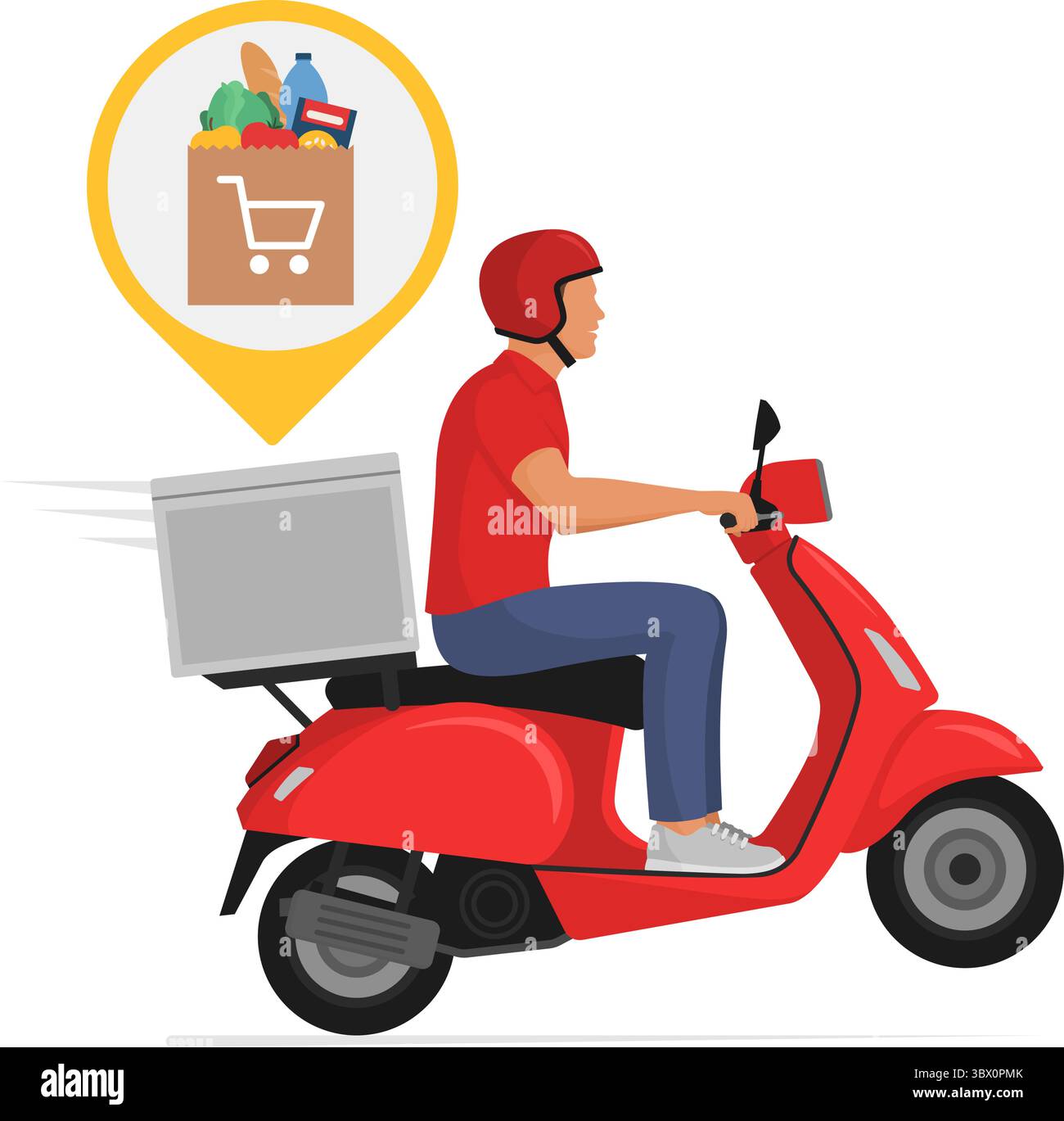 Delivery man riding a fast scooter and delivering groceries, home ...