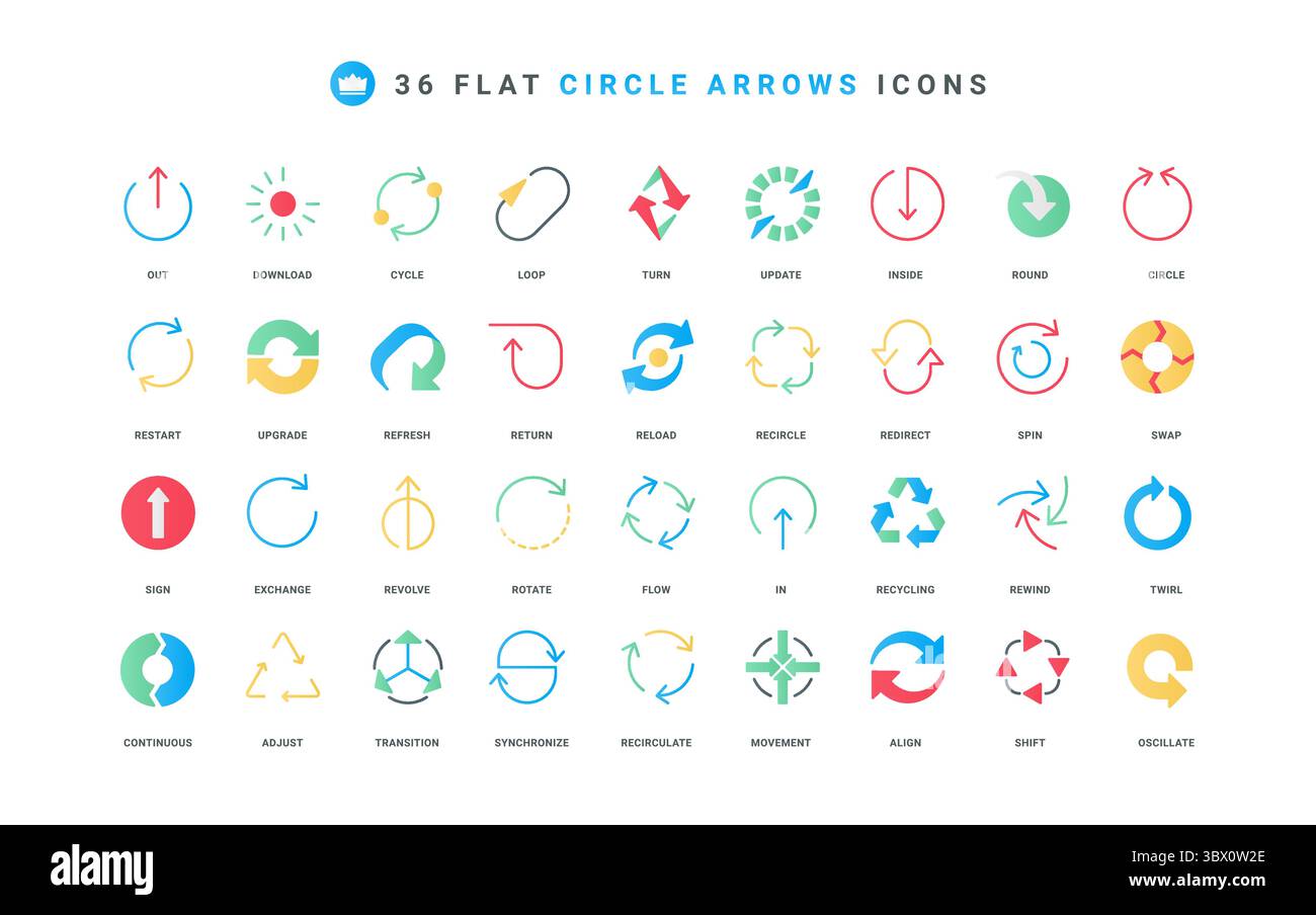 Circular arrows, progress buttons and round charts color icon set. Loop ...