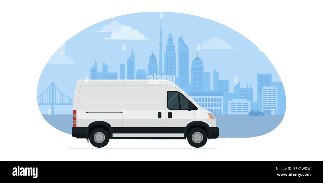 Delivery van and city skyline: delivery service concept, isolated Stock ...