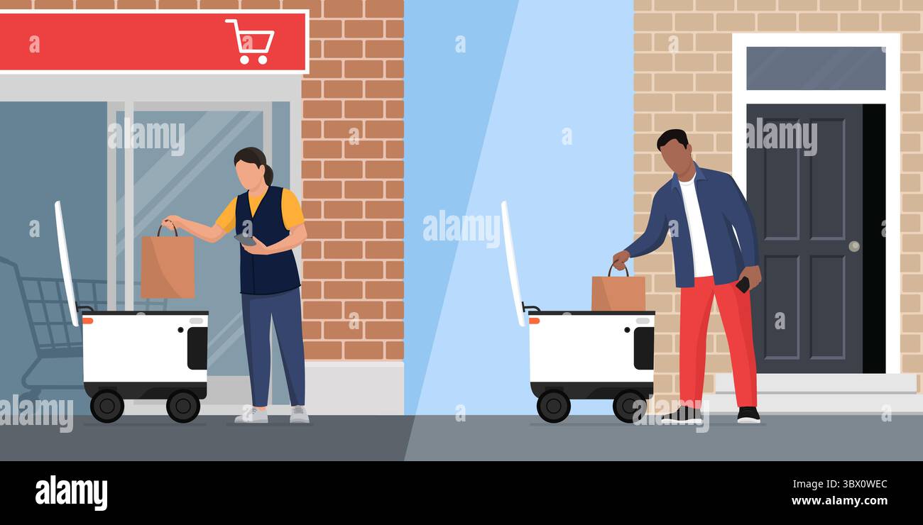 Grocery store worker loading an autonomous delivery robot and customer ...