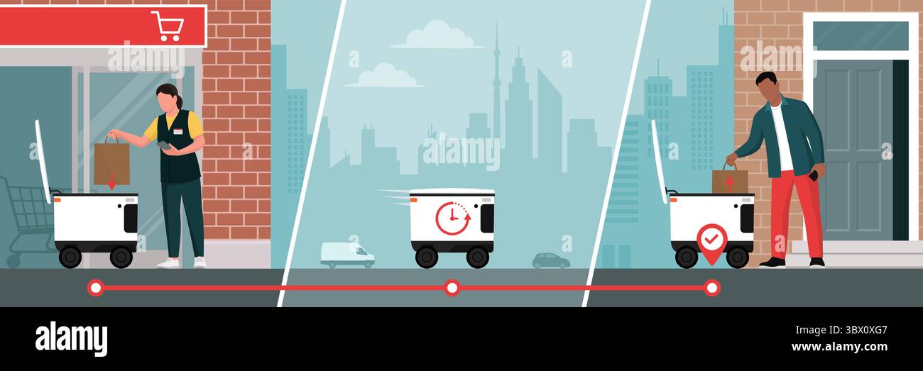 Grocery store worker loading an autonomous delivery robot and customer ...