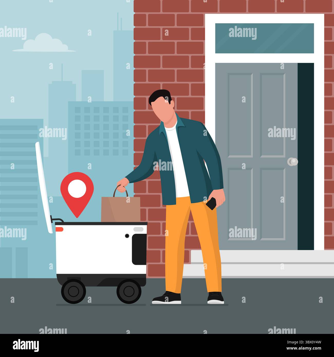 Customer receiving groceries at home on a food delivery robot, home ...