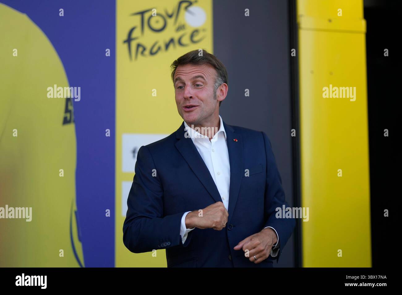 French President Emmanuel Macron attends the podium ceremony of the ...