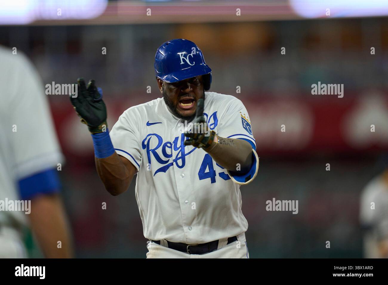August 9 2021: Kansas City infielder Hanser Alberto (49) gets a hit ...