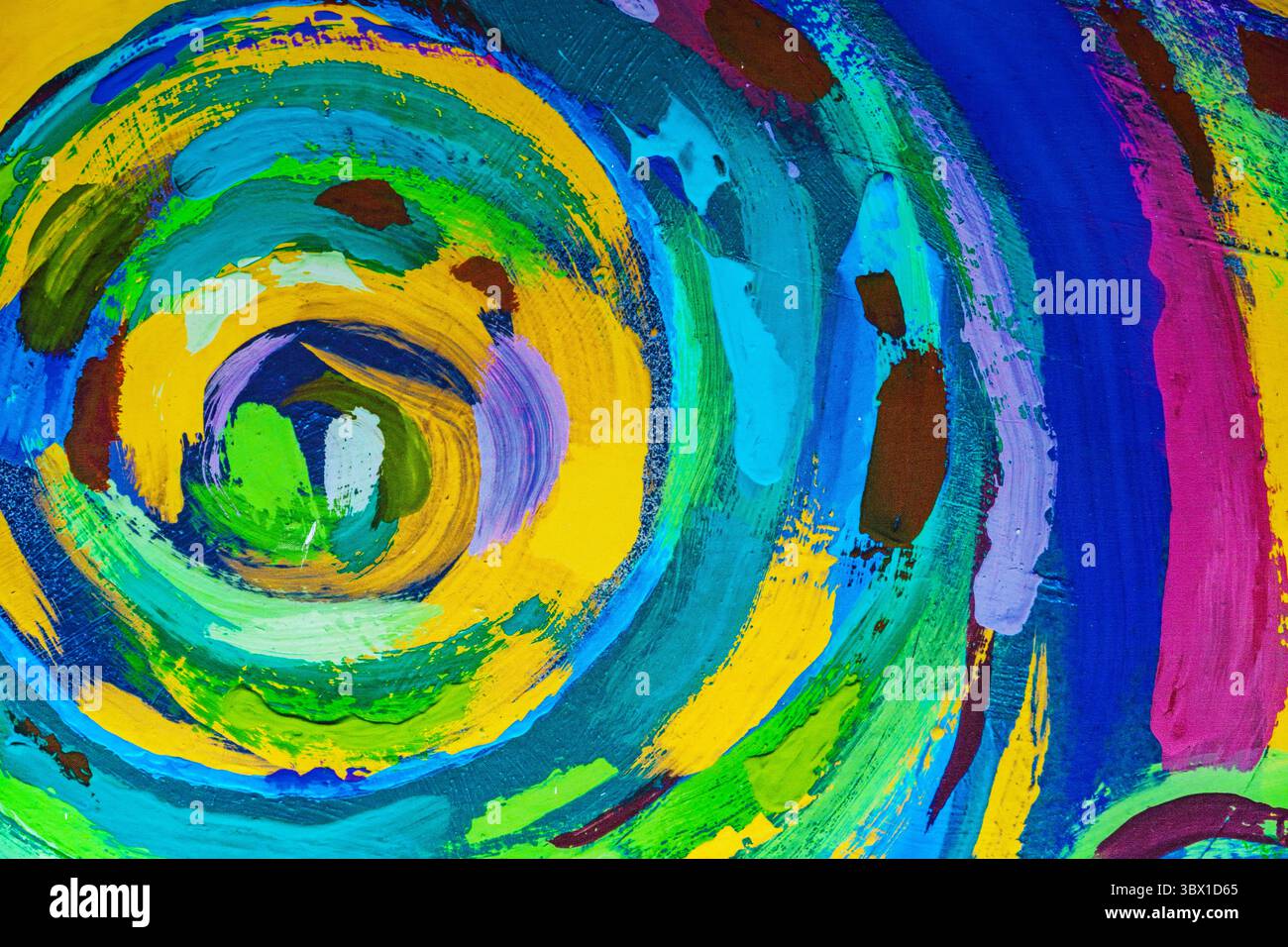 A vibrant spiral of swirling brushstrokes in blue, green, yellow, and ...