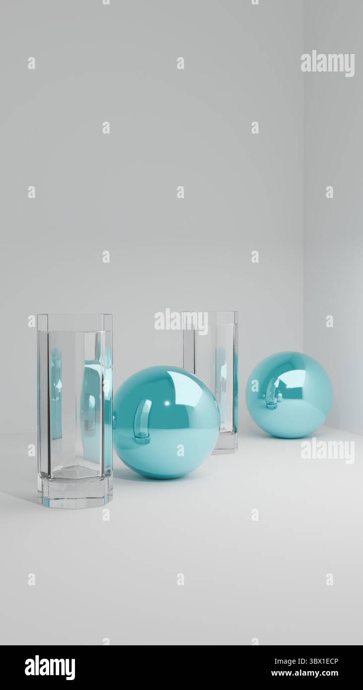 Clean and modern 3D render featuring a transparent glasses of water and ...