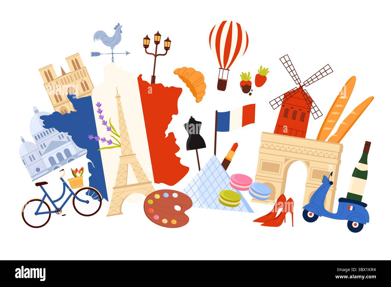 Travel to France, French culture elements and famous food, architecture ...