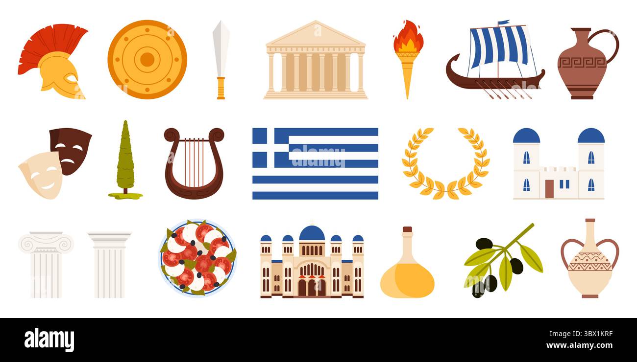 Welcome to Greece, culture and history elements set. Old buildings of ...