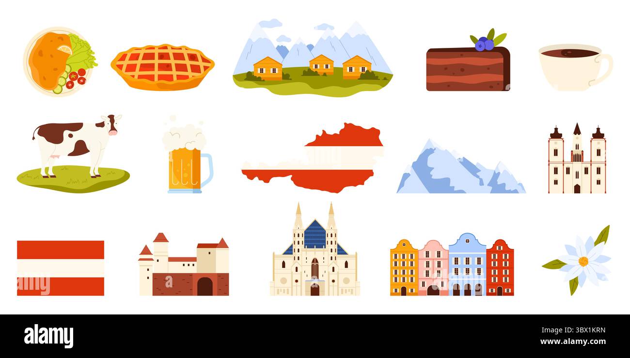 Culture elements, food and landmarks of Austria set. Map with Austrian ...
