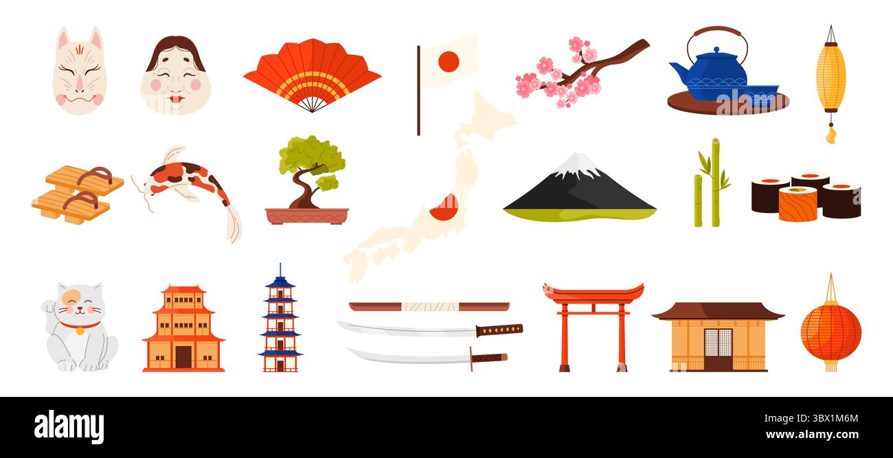 Travel to Japan, Japanese culture design elements, food and landmark ...